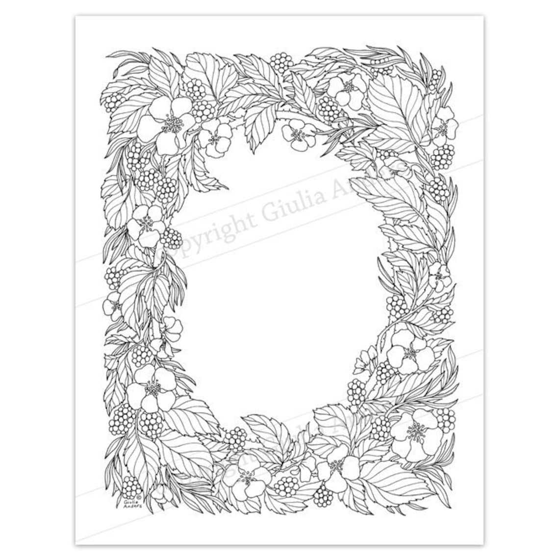 Blackberry Border Coloring Page, 8.5x11” Downloadable Adult Coloring ...