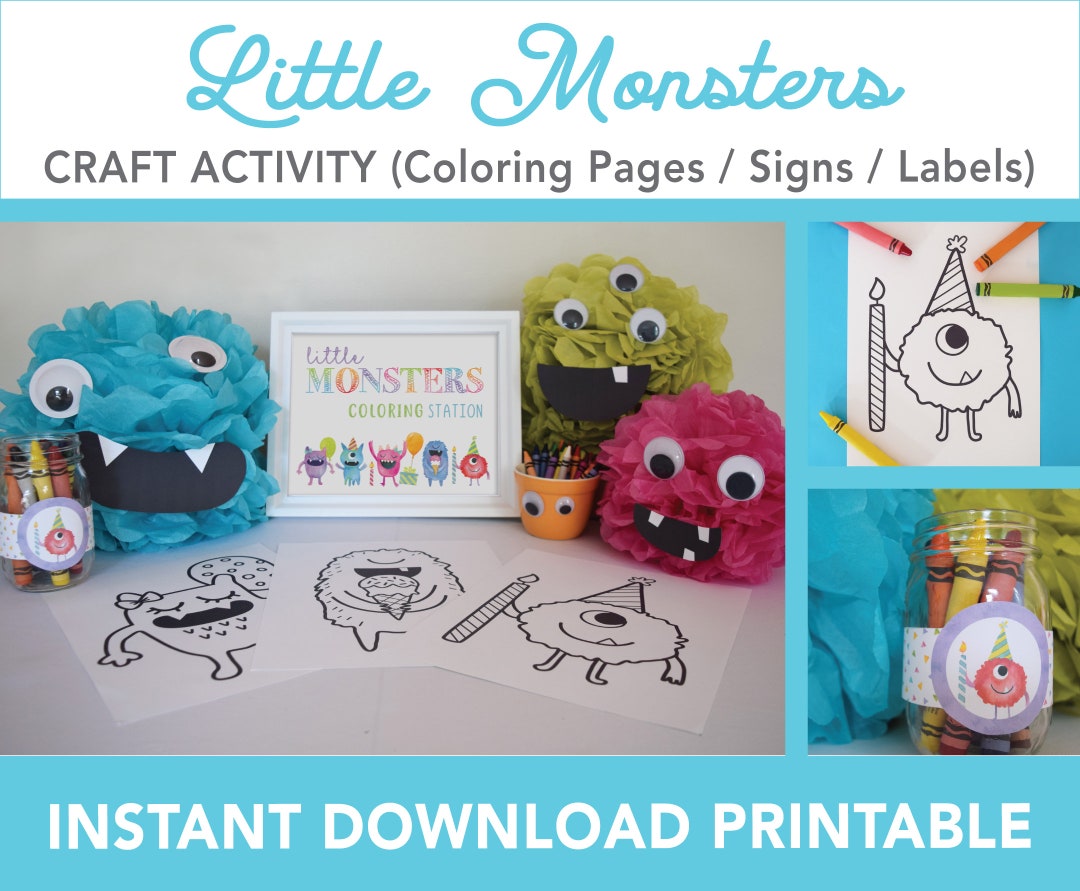 Little Monster Coloring Page Package PRINTABLE, Monster Birthday Party ...