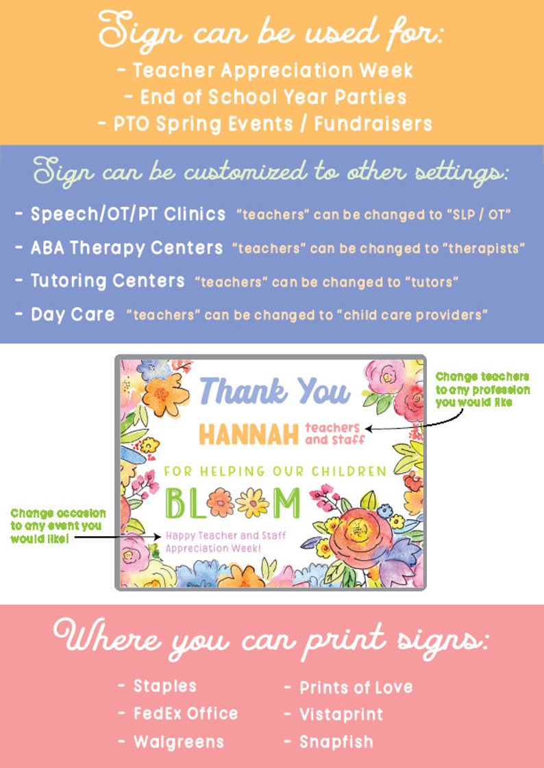 Teacher Appreciation Sign 8x10 PRINTABLE, Floral Flowers Thank You for ...