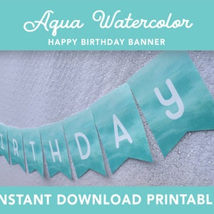 Happy Birthday Banner Printable, Aqua Watercolor Banner, Under the Sea ...