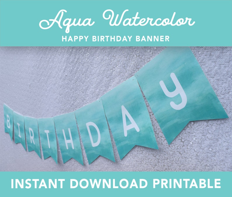 Ocean Happy Birthday Banner PRINTABLE, Aqua Waves Watercolor Banner ...