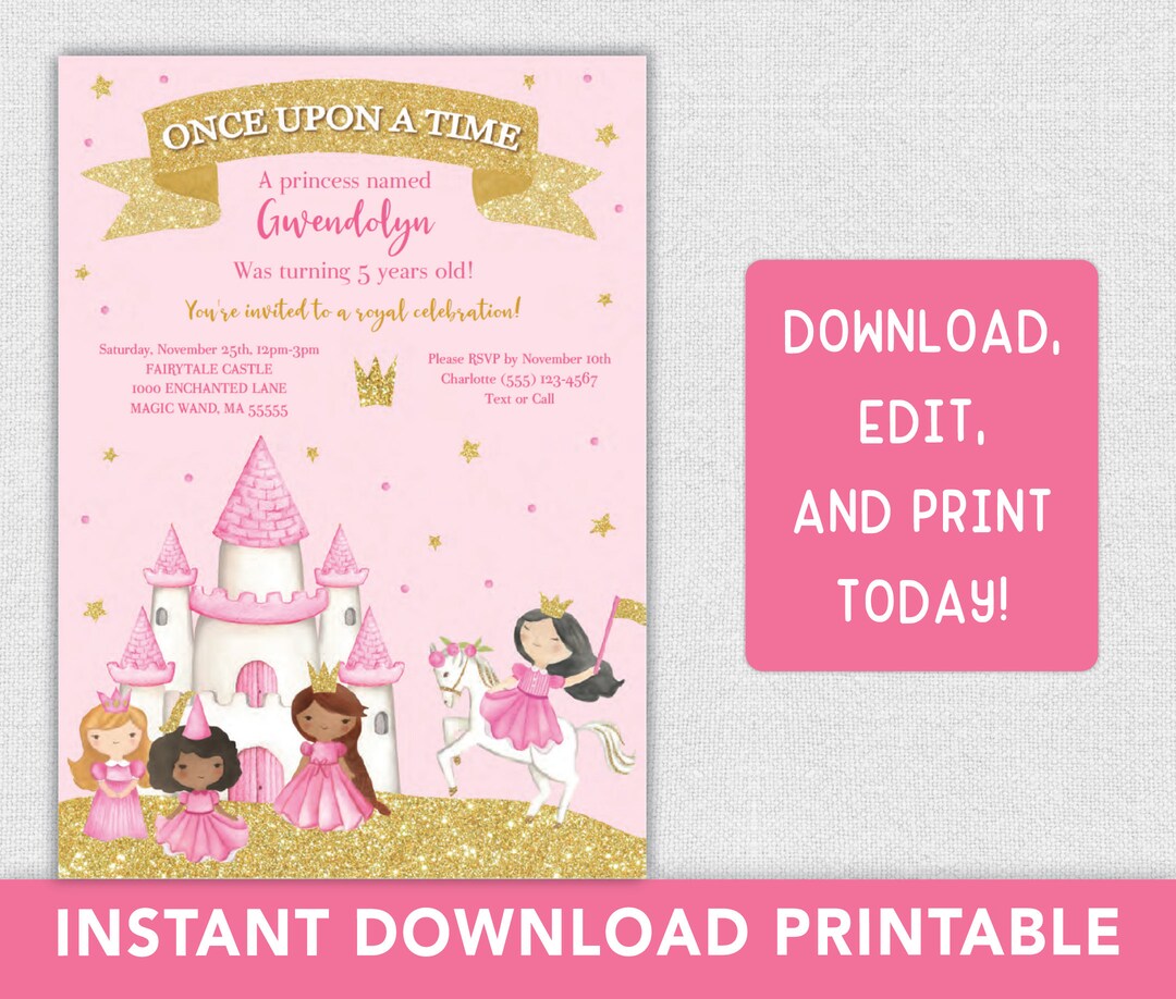 Princess Invitation PRINTABLE, Princess Birthday Party Invitation ...