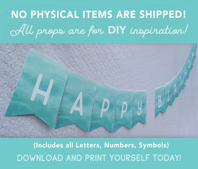 Ocean Happy Birthday Banner PRINTABLE, Aqua Waves Watercolor Banner ...