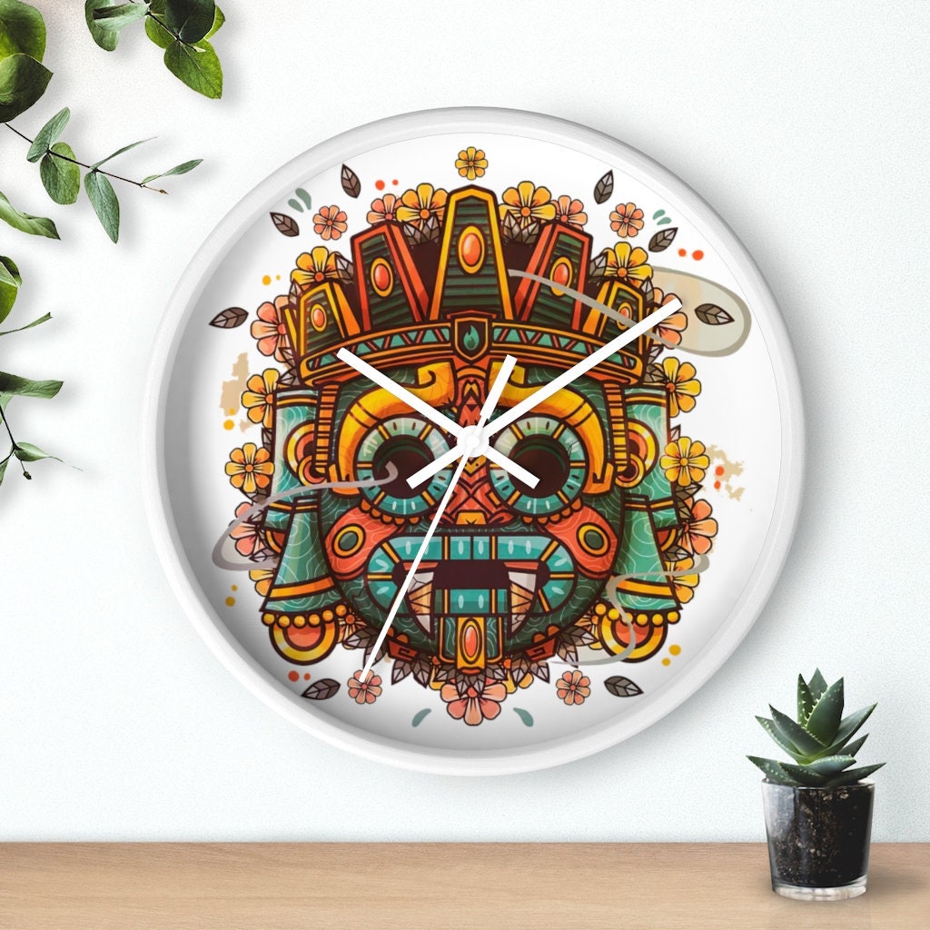 Unique wall clock tlaloc aztec art print battery wall clock | Etsy