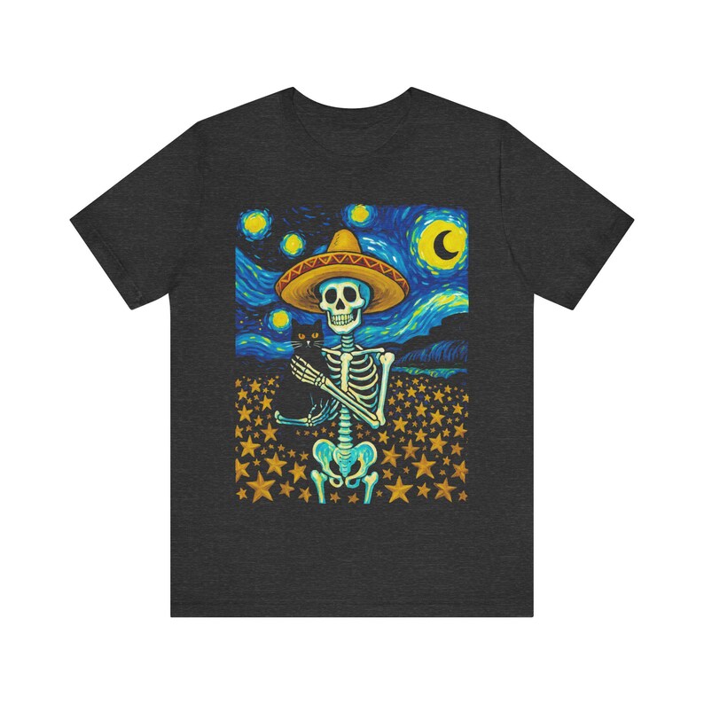 Starry Night Skeleton Cat Gothic T-shirt: Unique Art-inspired Graphic ...