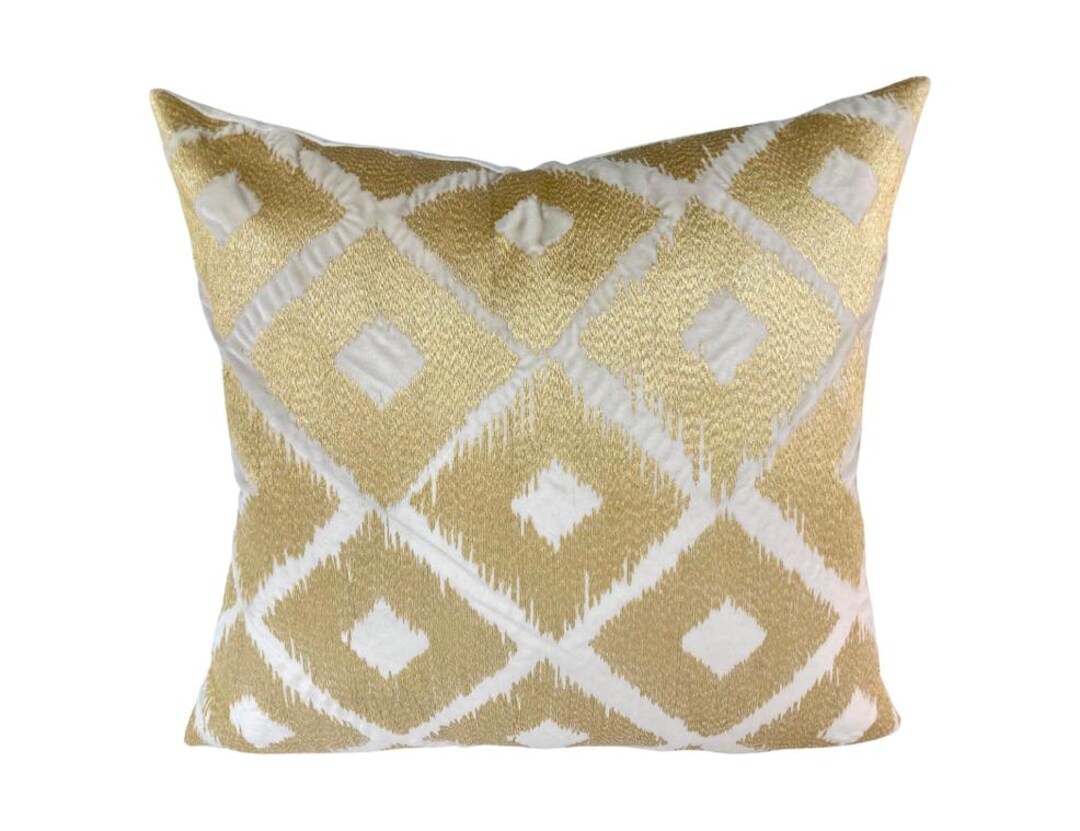 Gold Embroidered Diamond Pattern on Natural Velvet All Down Toss Pillow ...