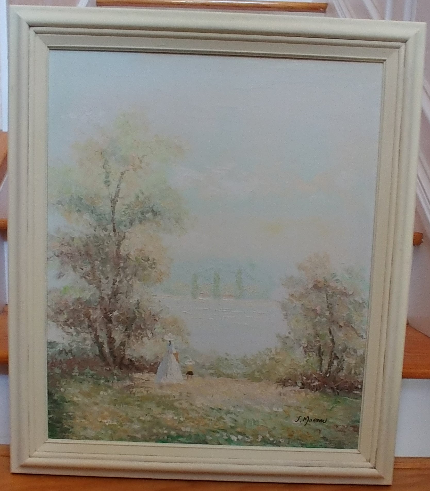 20" X 24" Canvas Oil PAINTING J. MOREAU Cream Chalk Paint Frame Woman ...