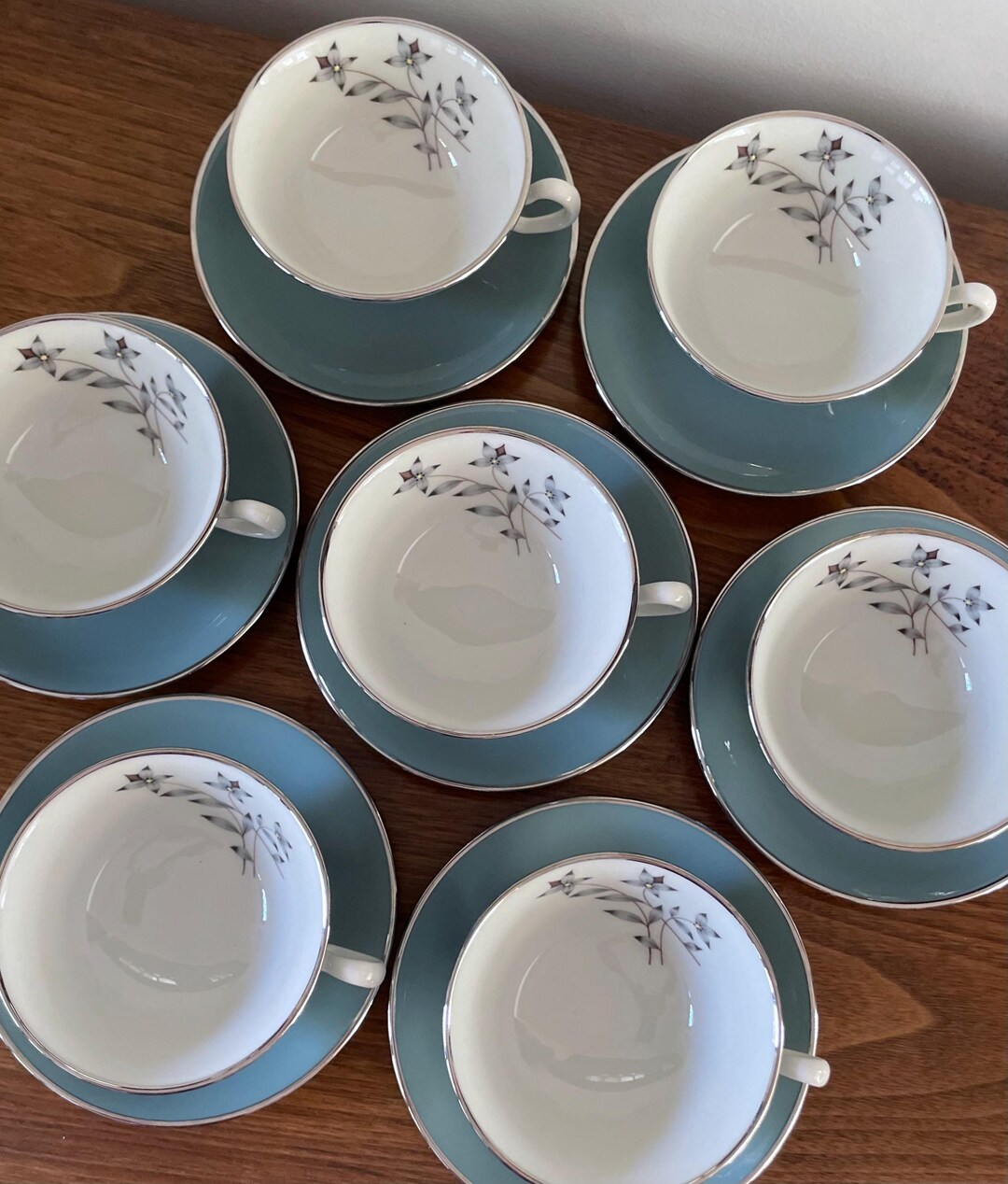 Mid Century Lenox Kingsley Bone China Cup and Saucer Set | Teal Floral ...