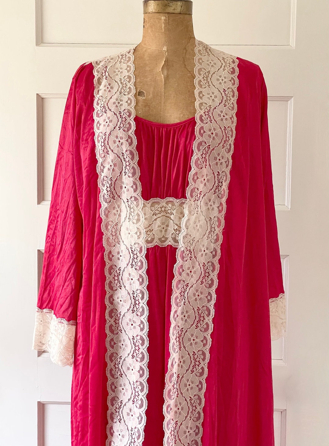 Vintage 70s Nylon Deep Red Peignoir Set/ecru Lace Peignoir Set/ruched ...