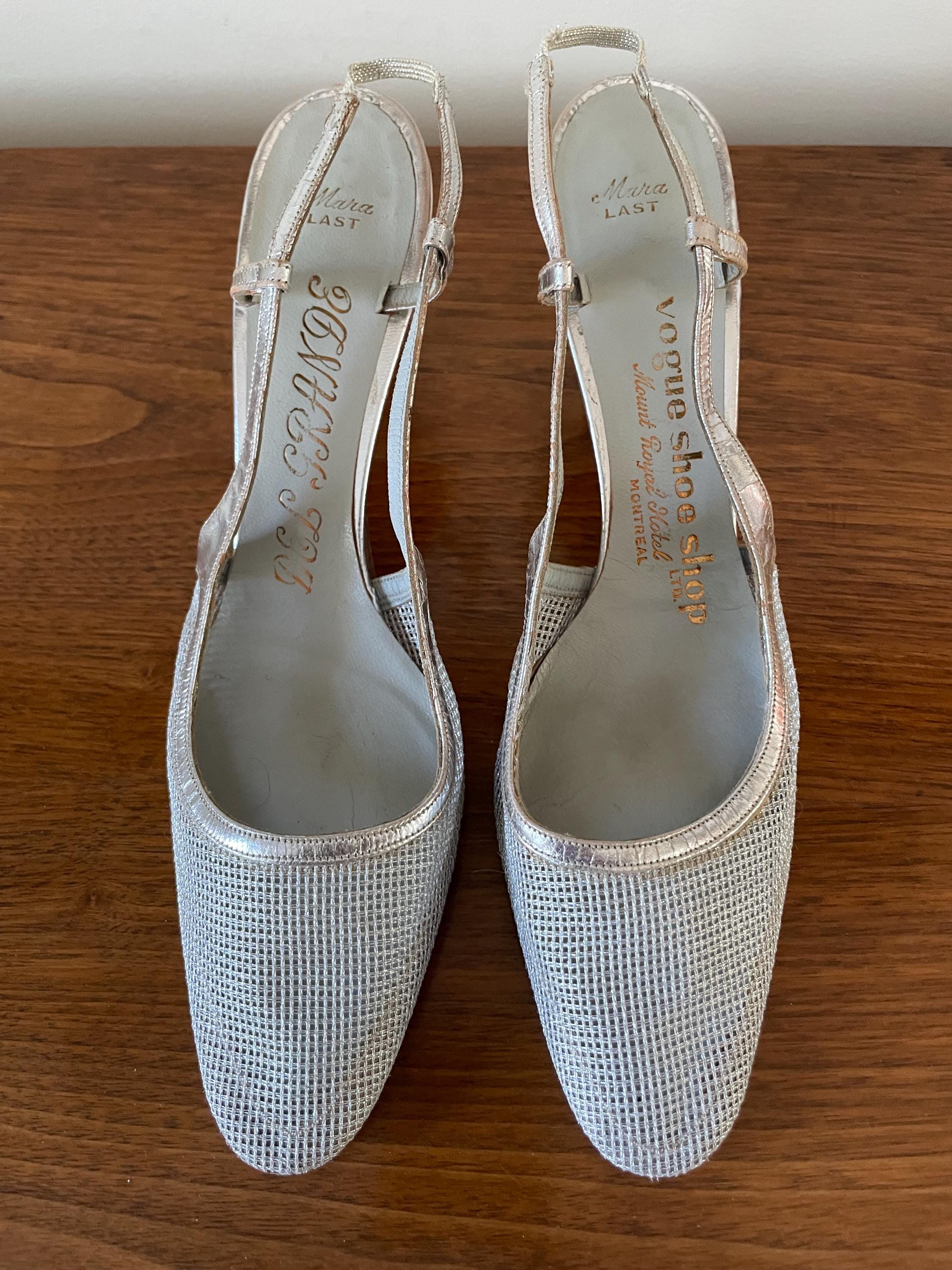 Vintage 60s Silver Slingback Pumps | Silver Mesh & Leather Shoes ...