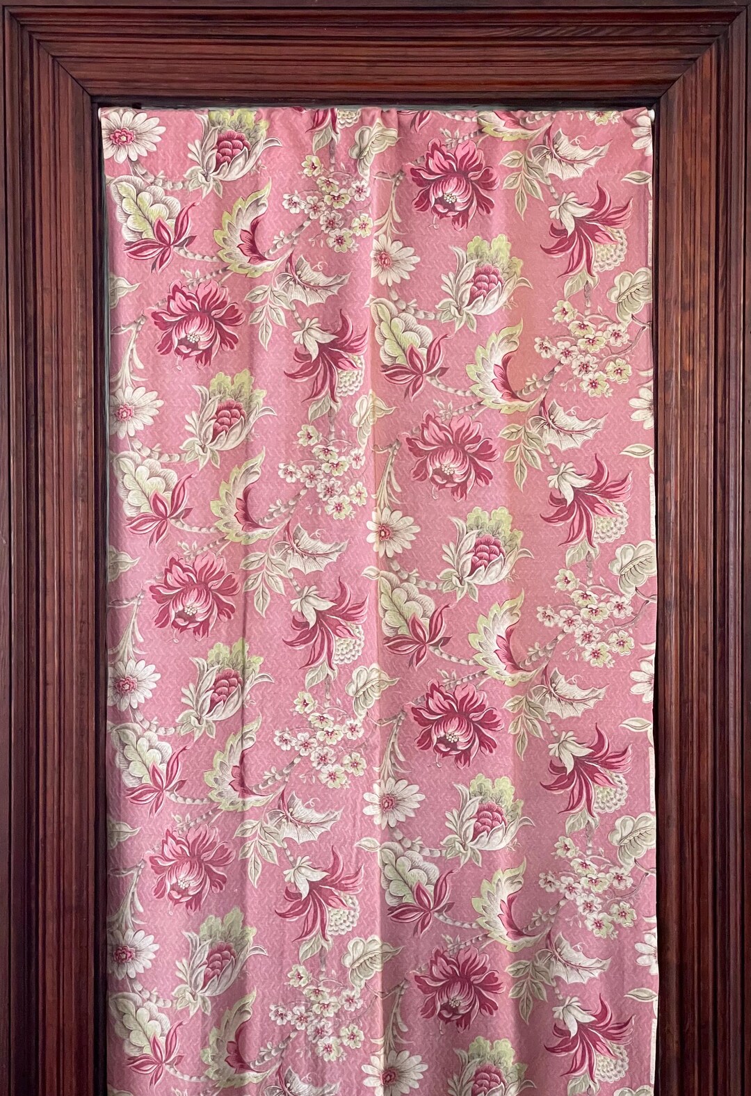 Vintage 40s Barkcloth Curtain Panel | Pink & Green Garden Blooms ...
