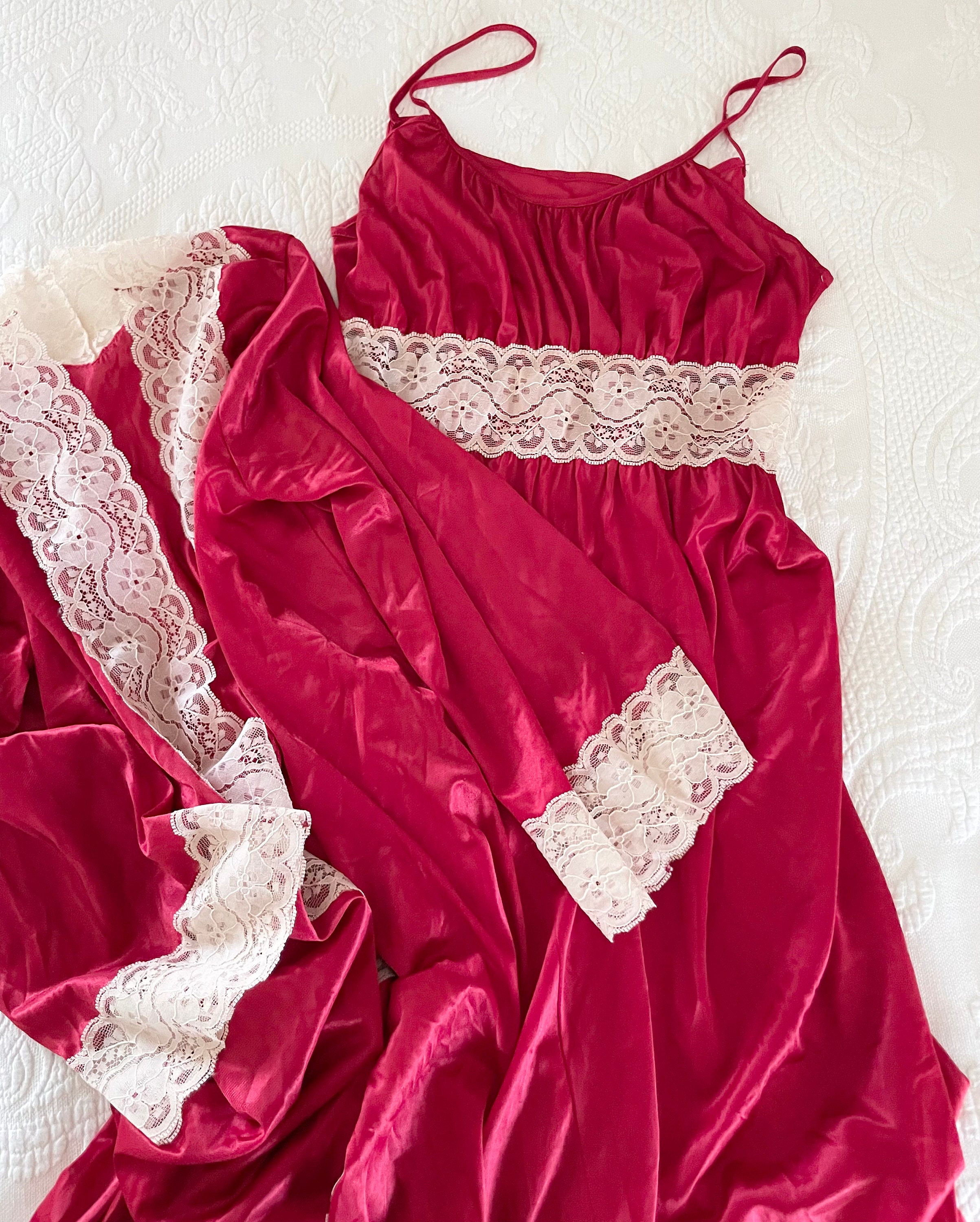Vintage 70s Nylon Deep Red Peignoir Set/ecru Lace Peignoir Set/ruched ...