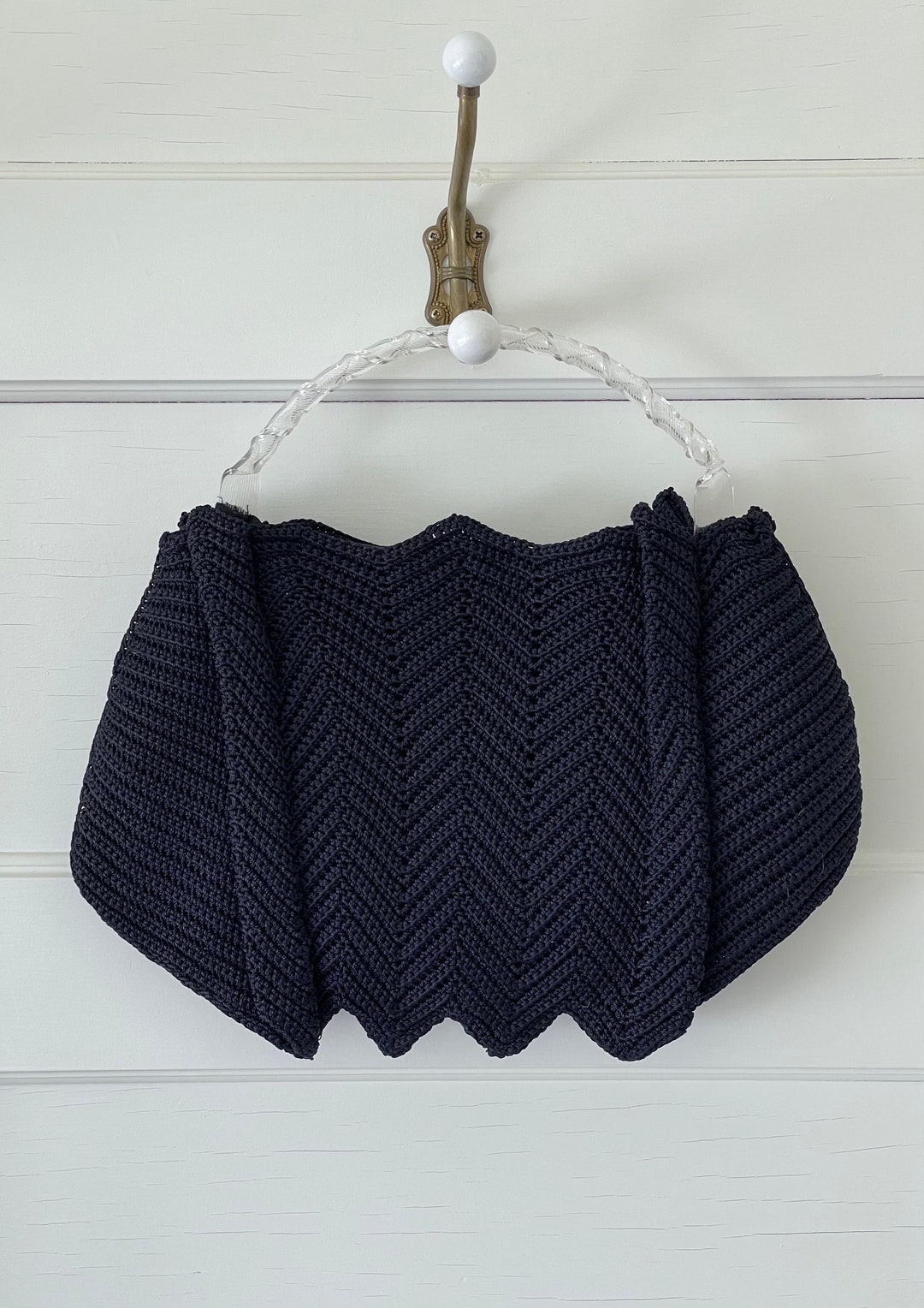 Vintage 40s Black Corde Purse/40s Lucite Twisted Handle Crochet Bag ...