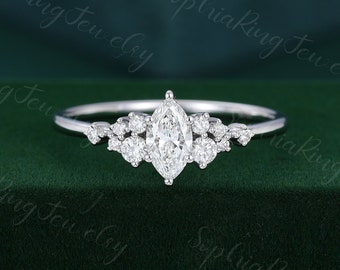 Unique Marquise Cut Moissanite Engagement Ring Set Cluster - Etsy