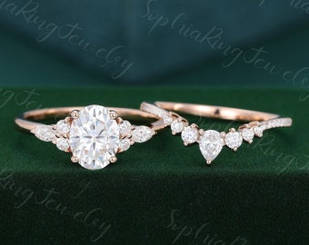 3PCS Oval Cut Moissanite Engagement Ring Set Vintage Rose Gold - Etsy