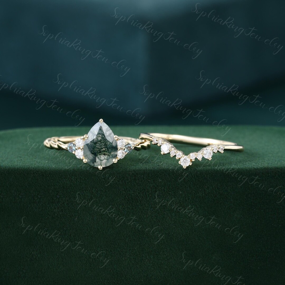 6*8mm Pear Shaped Moss Agate Engagement Ring Set Yellow Gold Cluster ...