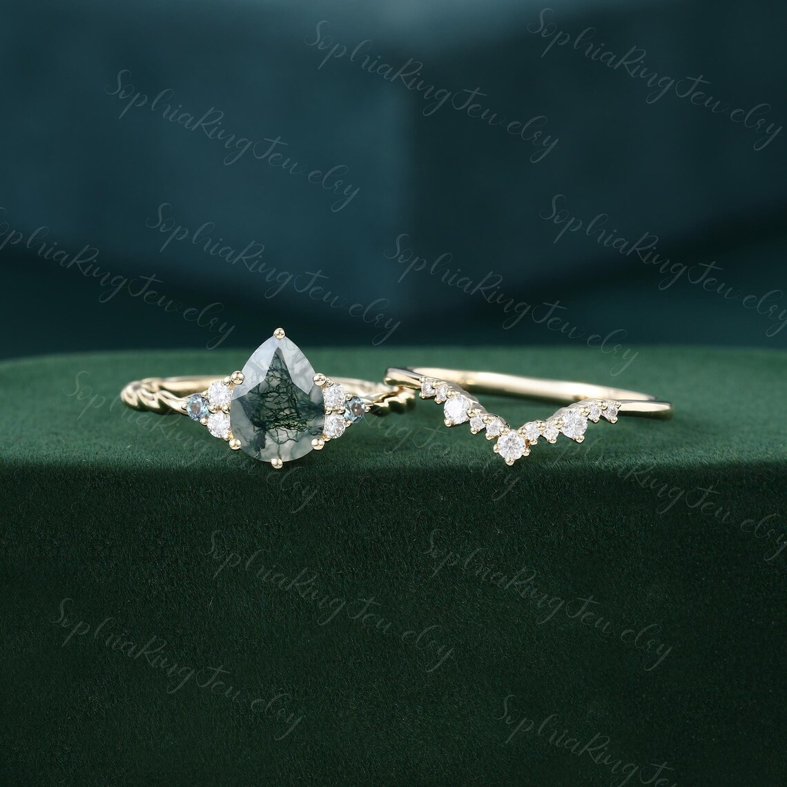6*8mm Pear Shaped Moss Agate Engagement Ring Set Yellow Gold Cluster ...