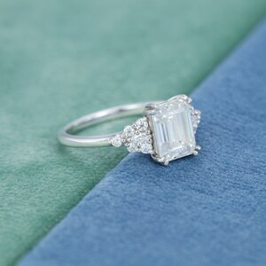 Emerald Cut Moissanite Engagement Ring White Gold Cluster Stone ...