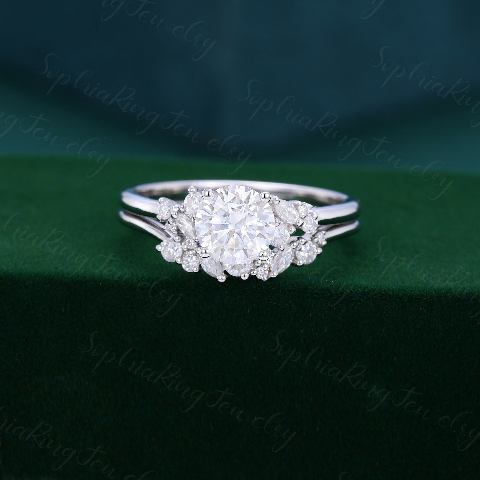 Unique Moissanite Engagement Ring Set Women White Gold Cluster Diamond ...