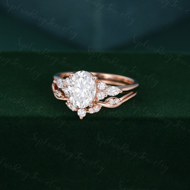Oval Cut Moissanite Engagement Ring Set Rose Gold Cluster - Etsy