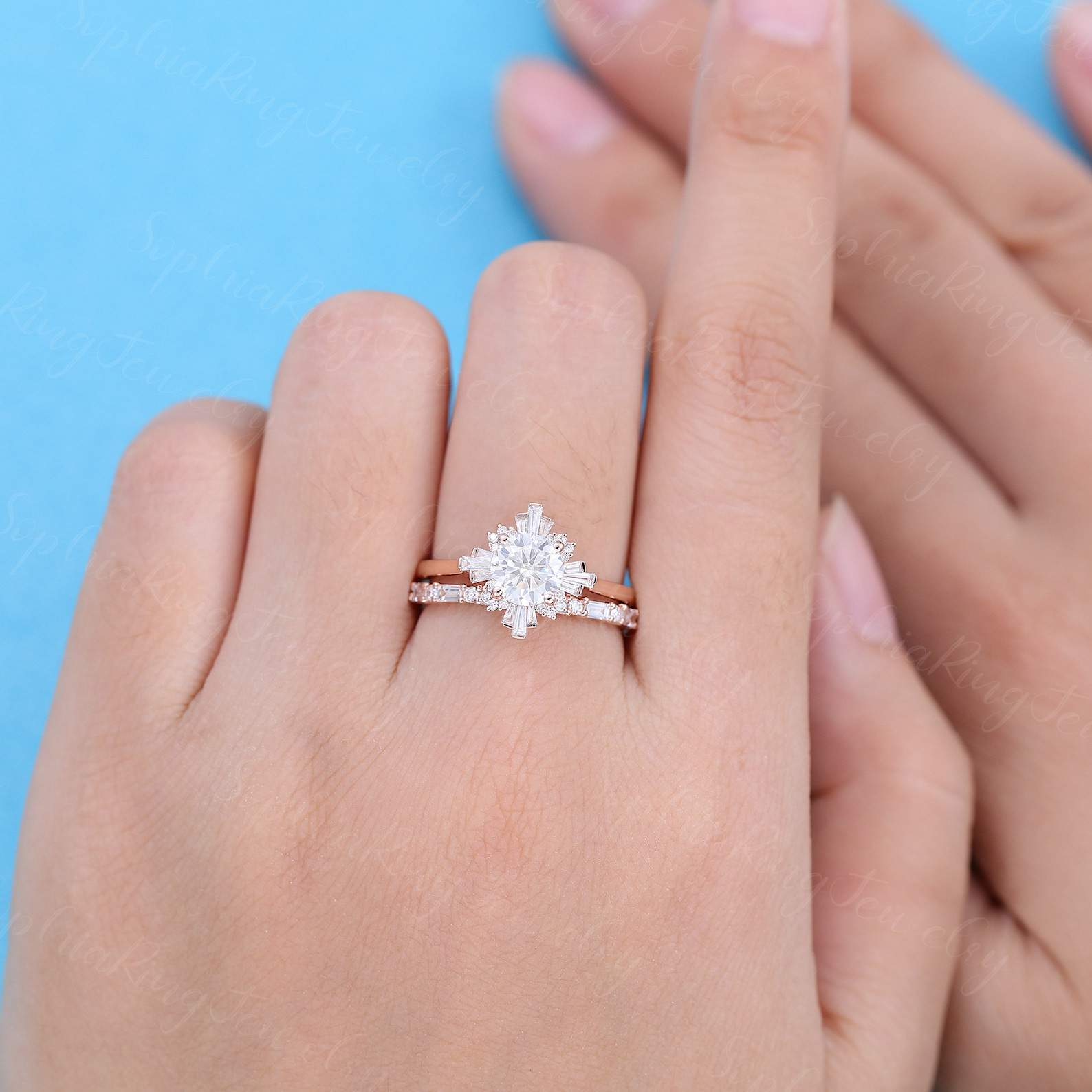 Unique Rose Gold Engagement Ring Set Vintage Moissanite Halo - Etsy