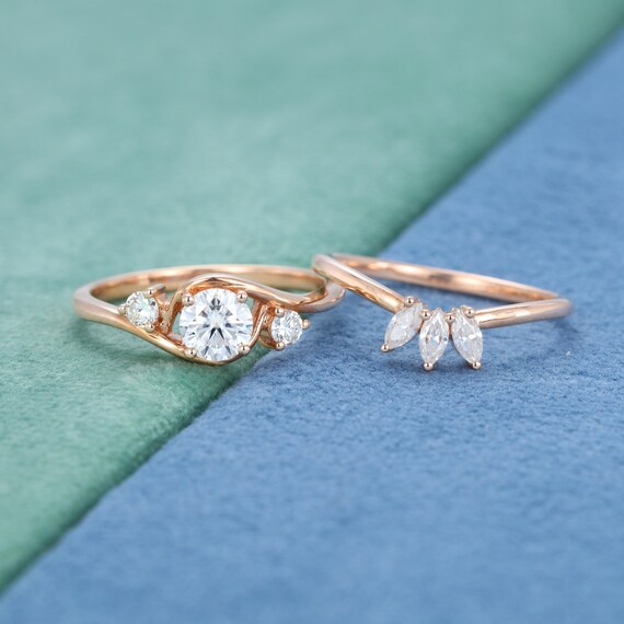 2PCS Rose gold engagement ring moissanite engagement ring set | Etsy