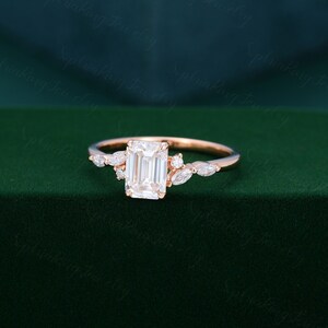 Emerald Cut Moissanite Engagement Ring Rose Gold Cluster Engagement ...