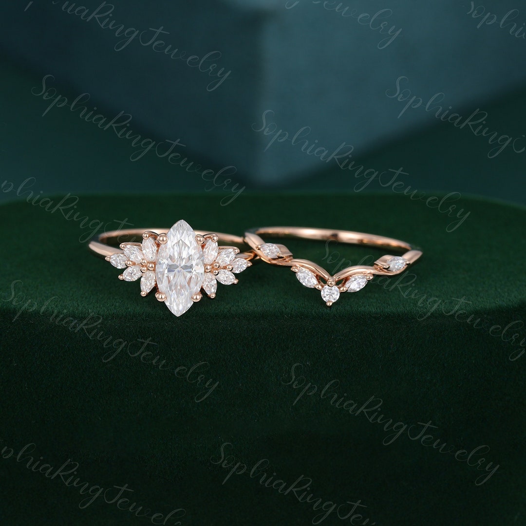 Unique Rose Gold Engagement Ring Set Marquise Cut Moissanite Engagement ...