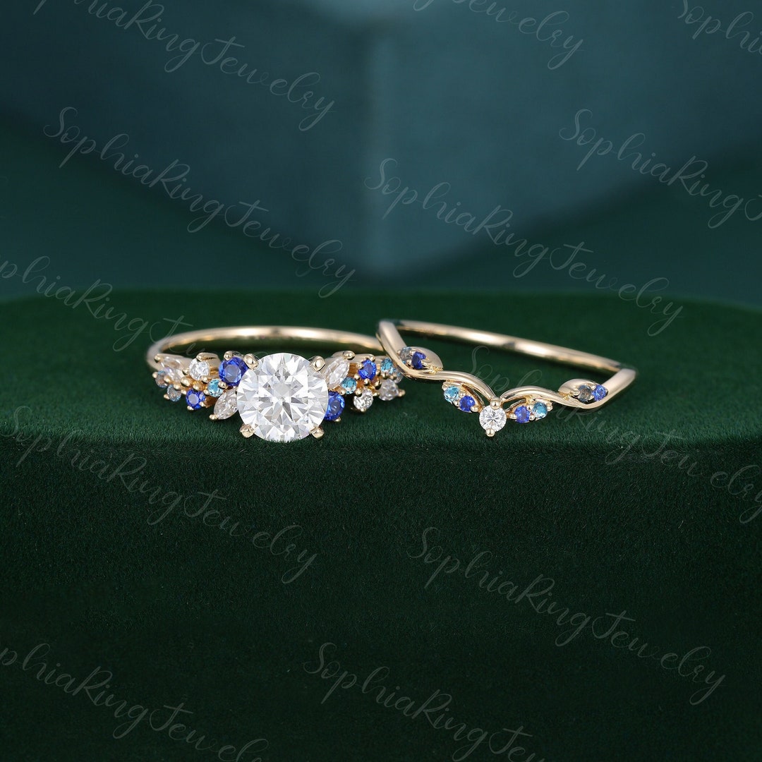 Round Cut Moissanite Engagement Ring Set Unique Yellow Gold Engagement ...