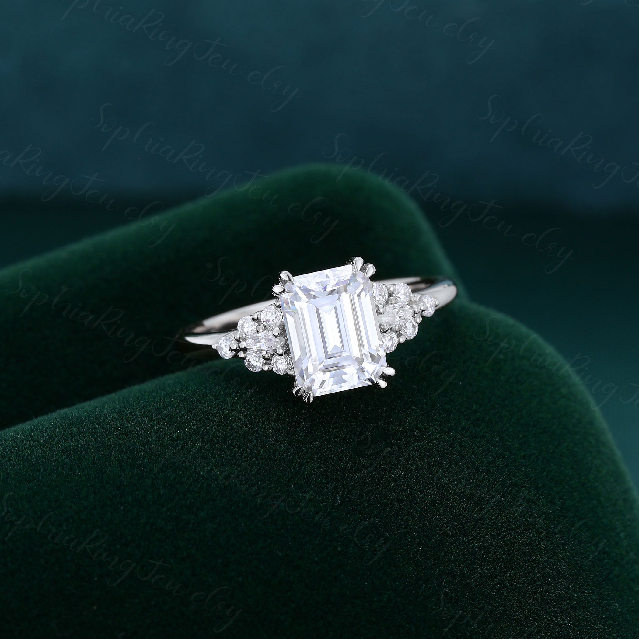 Emerald Cut Moissanite Engagement Ring White Gold Cluster | Etsy