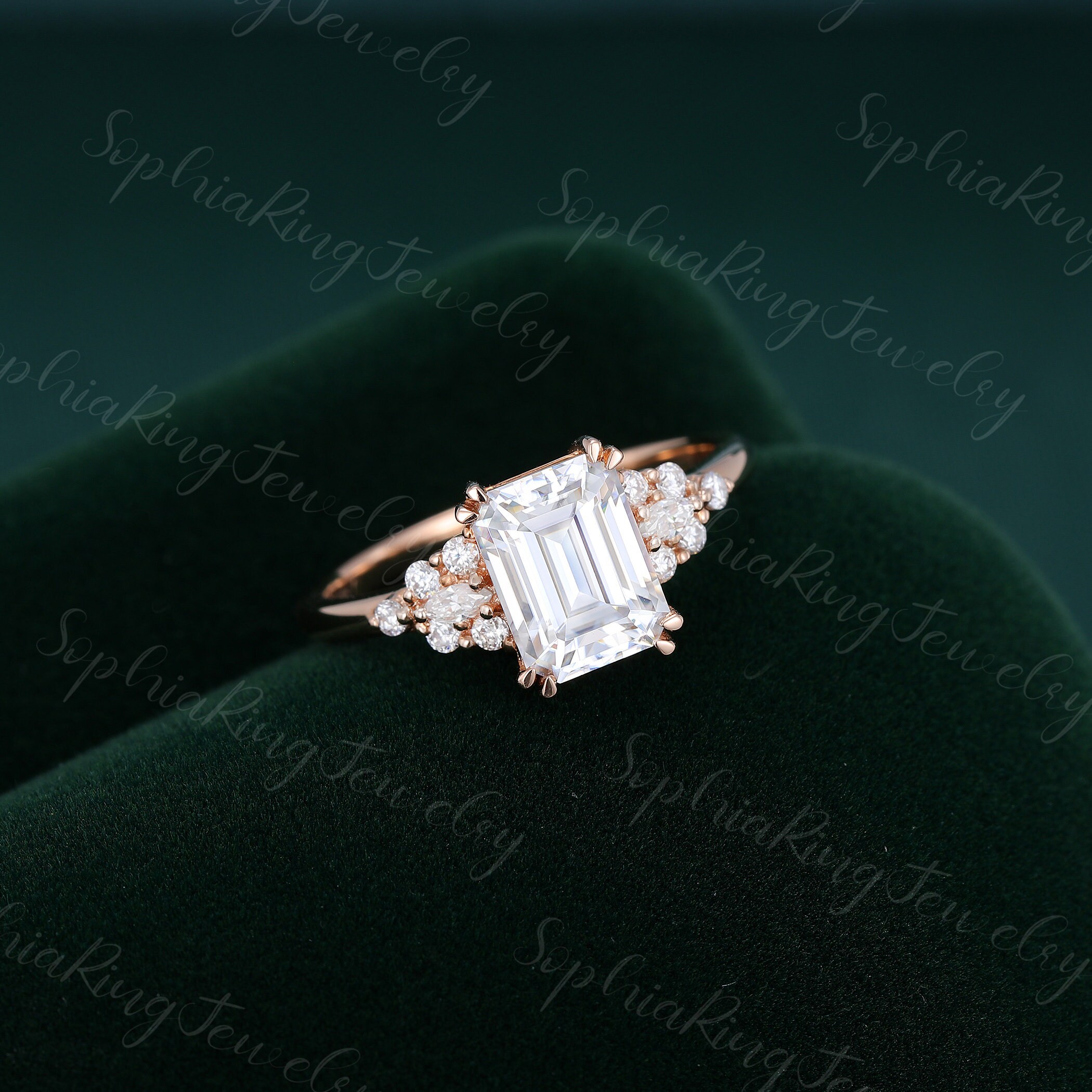 Emerald Cut Moissanite Engagement Ring Rose Gold Cluster - Etsy