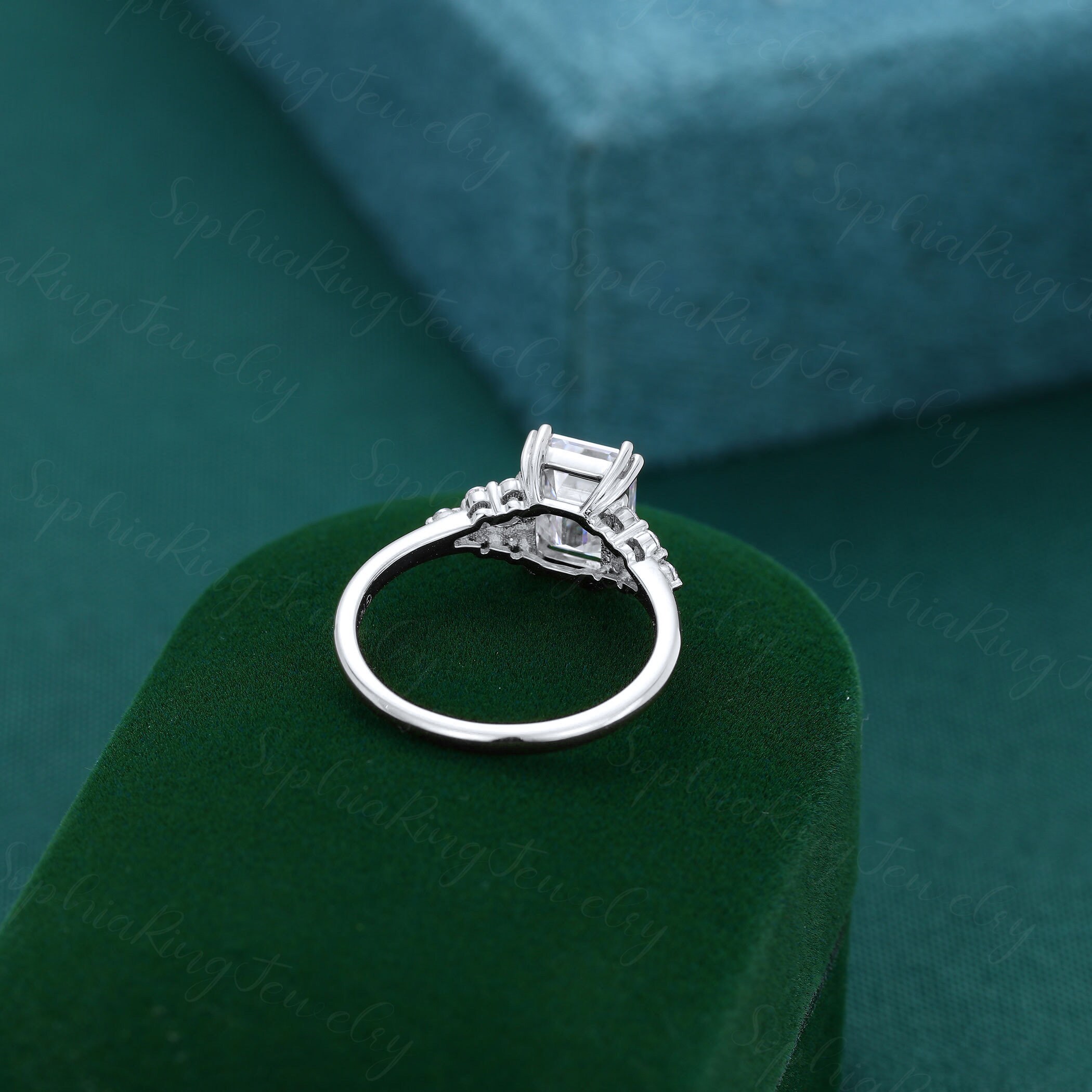 Emerald Cut Moissanite Engagement Ring White Gold Cluster | Etsy
