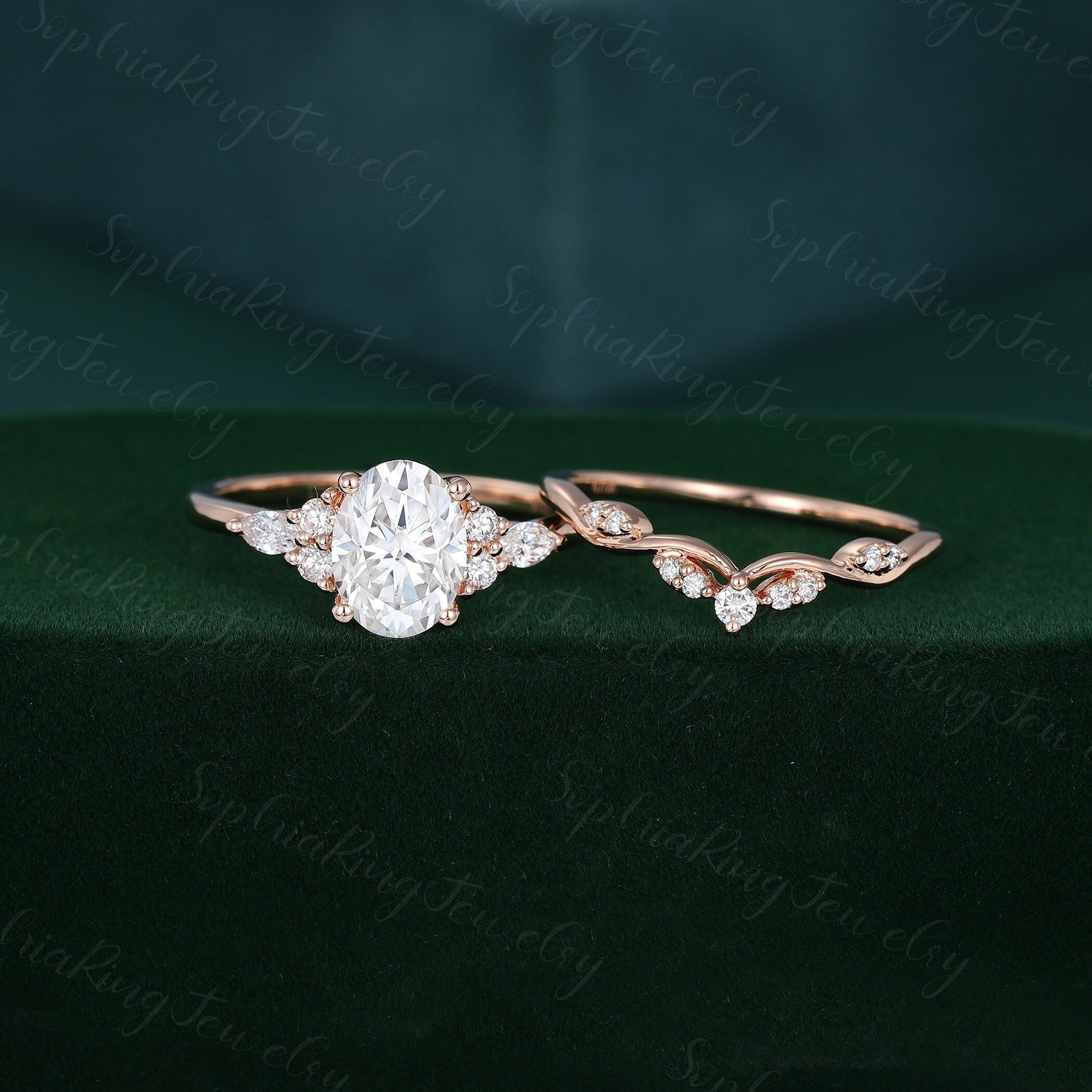 Oval Cut Moissanite Engagement Ring Set Rose Gold Cluster - Etsy