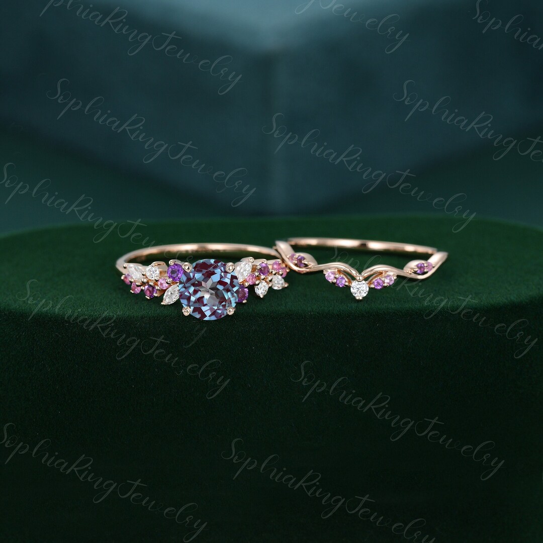 Round Cut Lab Alexandrite Engagement Ring Set Unique Rose Gold ...