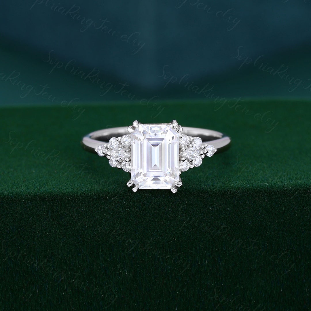 Emerald Cut Moissanite Engagement Ring White Gold Cluster Stone ...