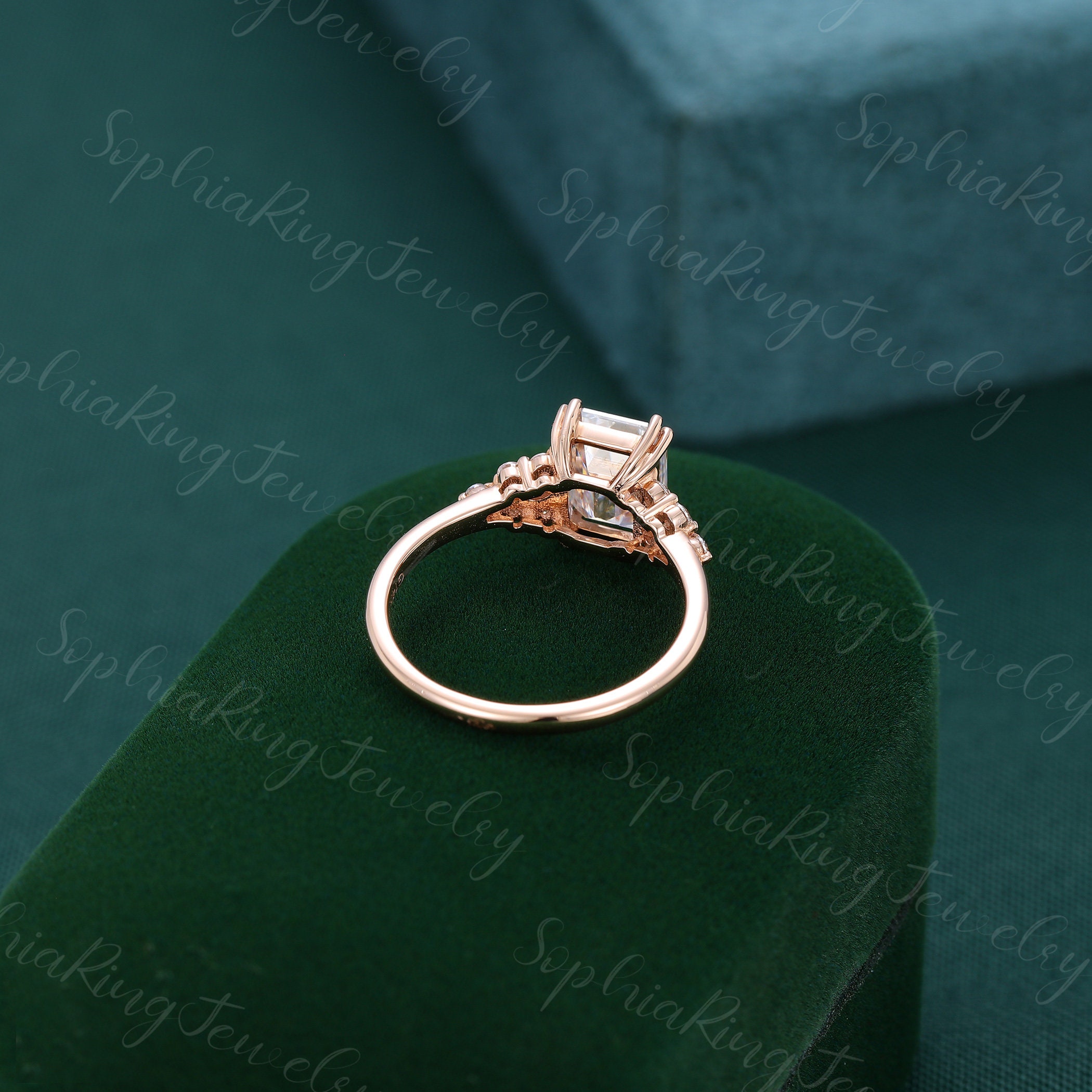 Emerald Cut Moissanite Engagement Ring Rose Gold Cluster - Etsy