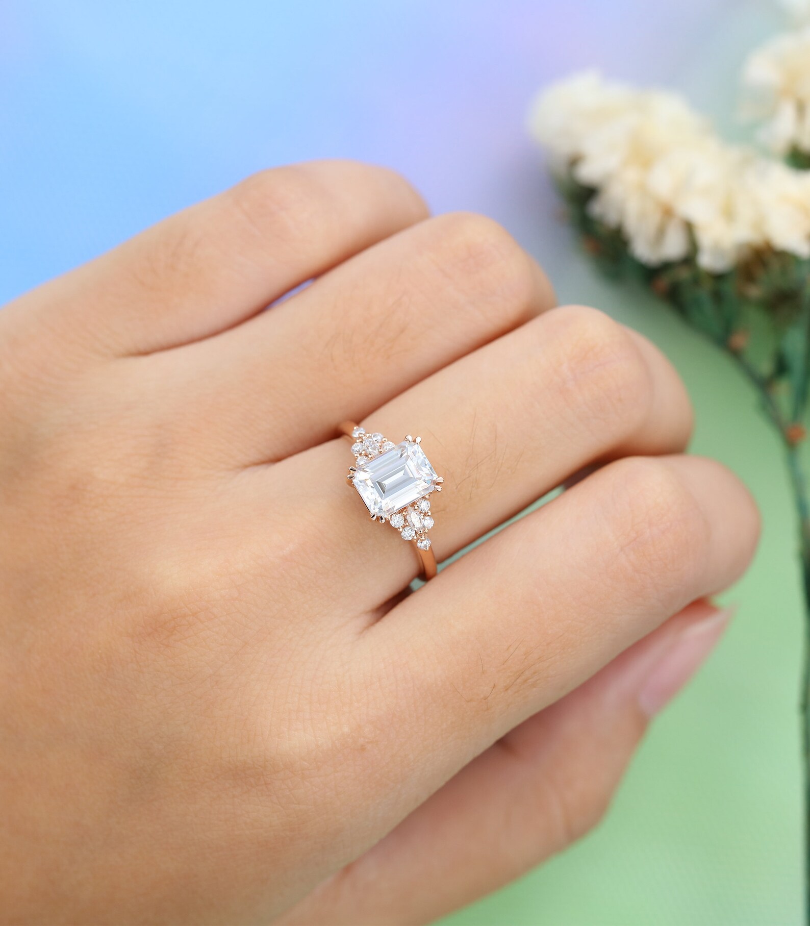 Emerald Cut Moissanite Engagement Ring Rose Gold Cluster - Etsy