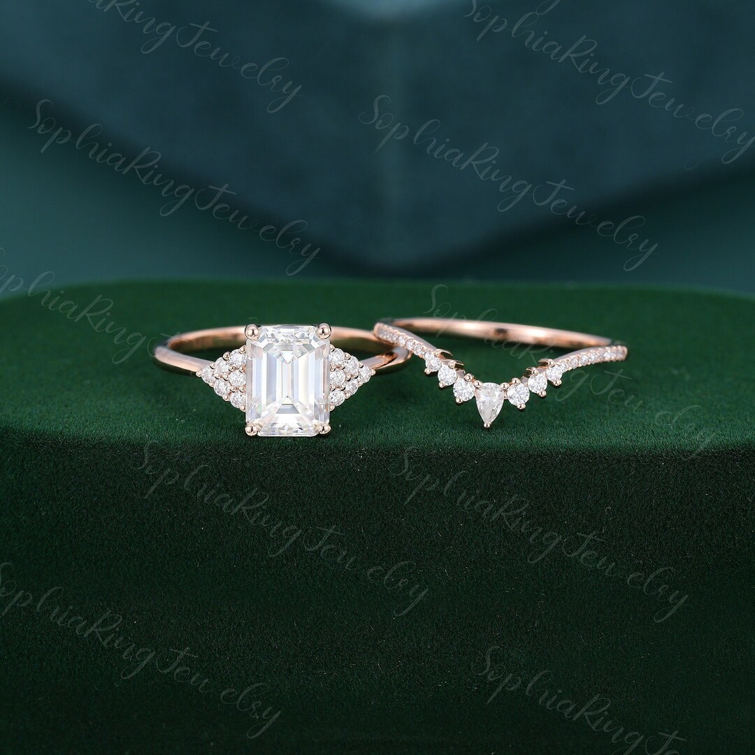 Emerald Cut Moissanite Engagement Ring Set Unique Cluster Rose Gold ...