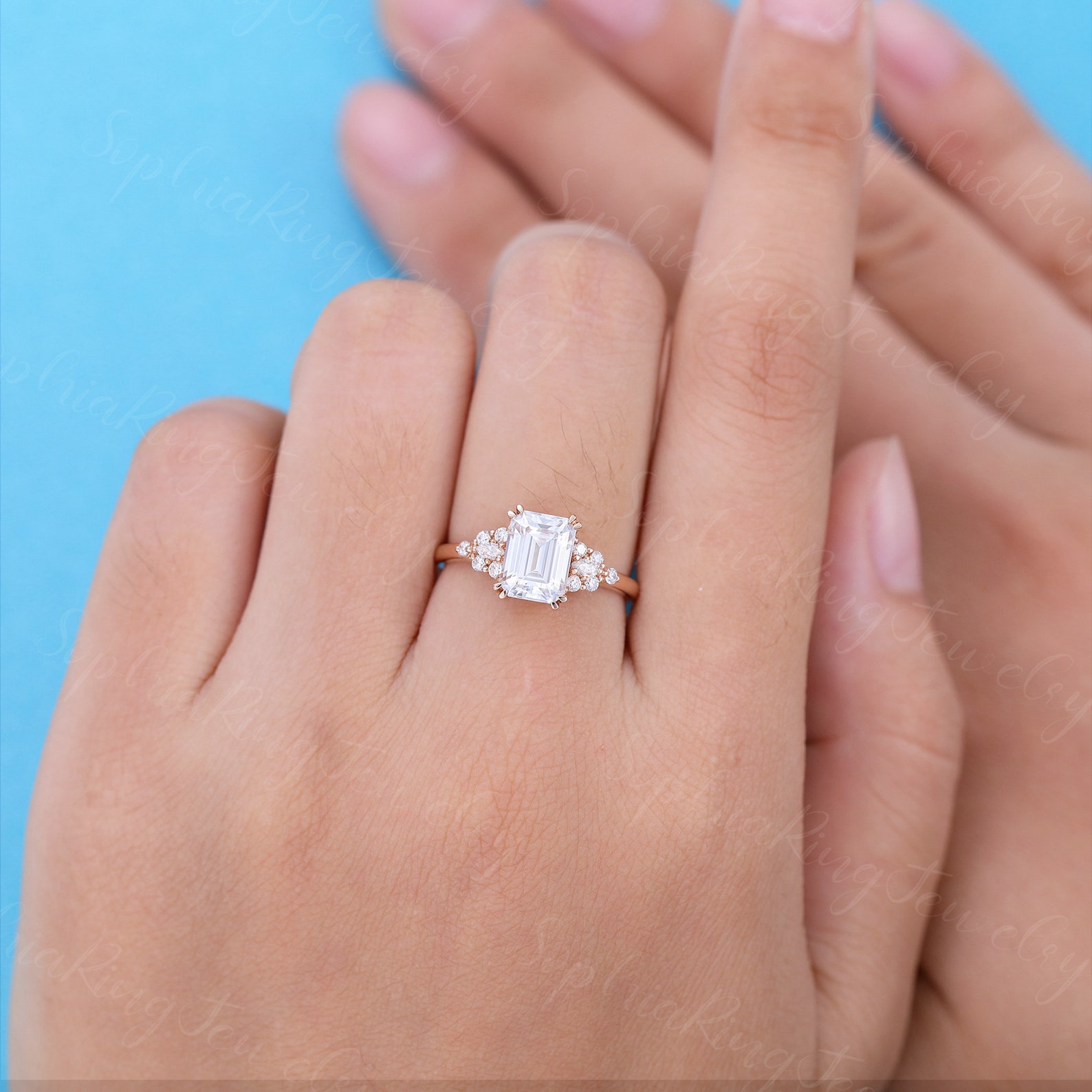 Emerald Cut Moissanite Engagement Ring Rose Gold Cluster - Etsy