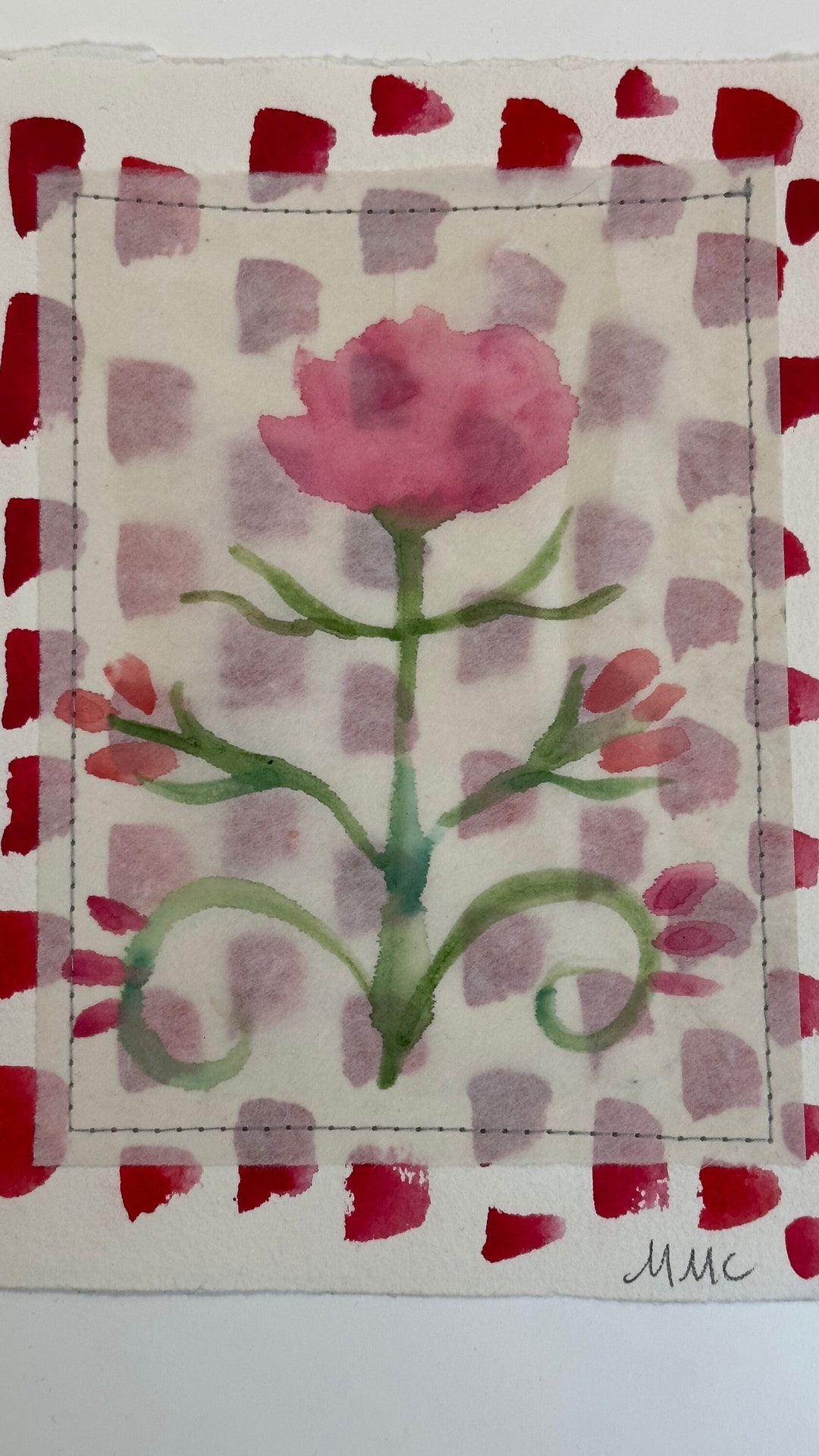 Pink Spring Folk Art Flora, Watercolor, Collage, Embroidery, Art, 8x10 ...