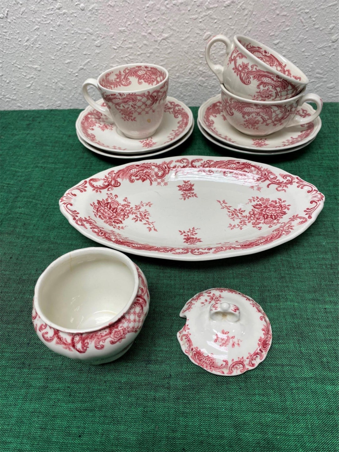 Vintage Villeroy & Boch VALERIA Red / White Jam Jar Relish Tray Cups ...