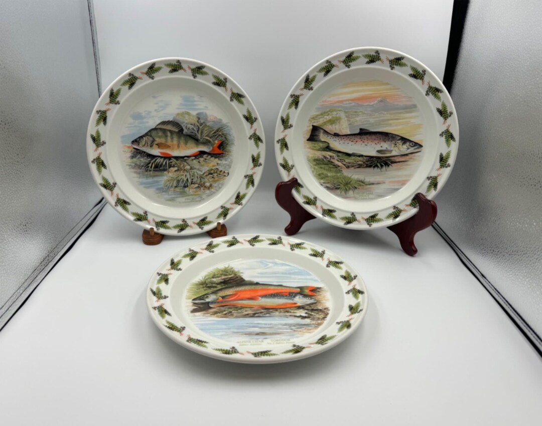 3x Portmeirion COMPLEAT ANGLER Fern Dinner Plates - Trout, Perch ...