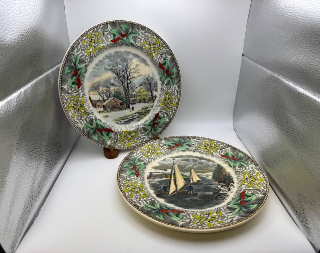 Pair of Adams WINTER SCENES Dinner Plates Ice Boat Race & New England ...