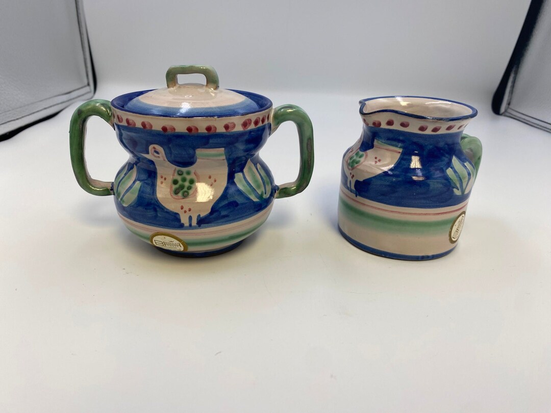 Vietri Italian Pottery CAMPAGNA CHICKEN Blue and Red Creamer & Sugar ...