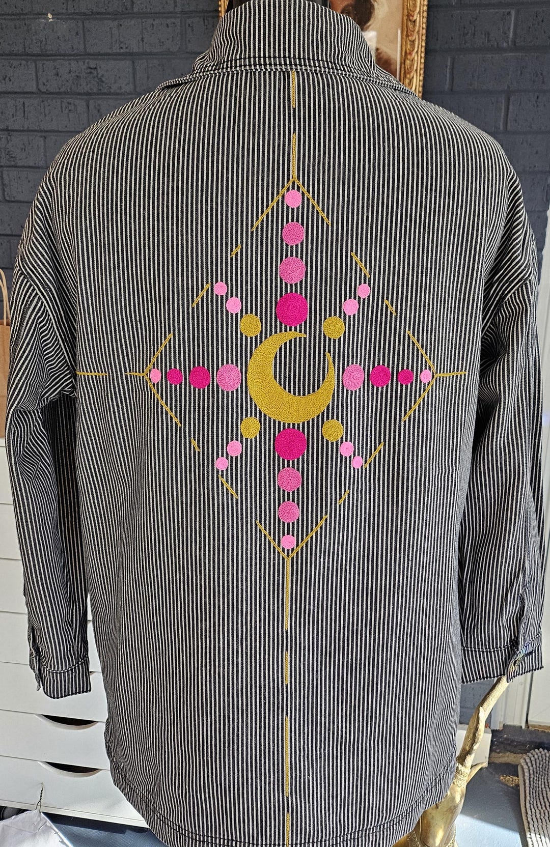 Railroad Stripe Denim Jacket With Chainstitch Embroidered Moon Design ...