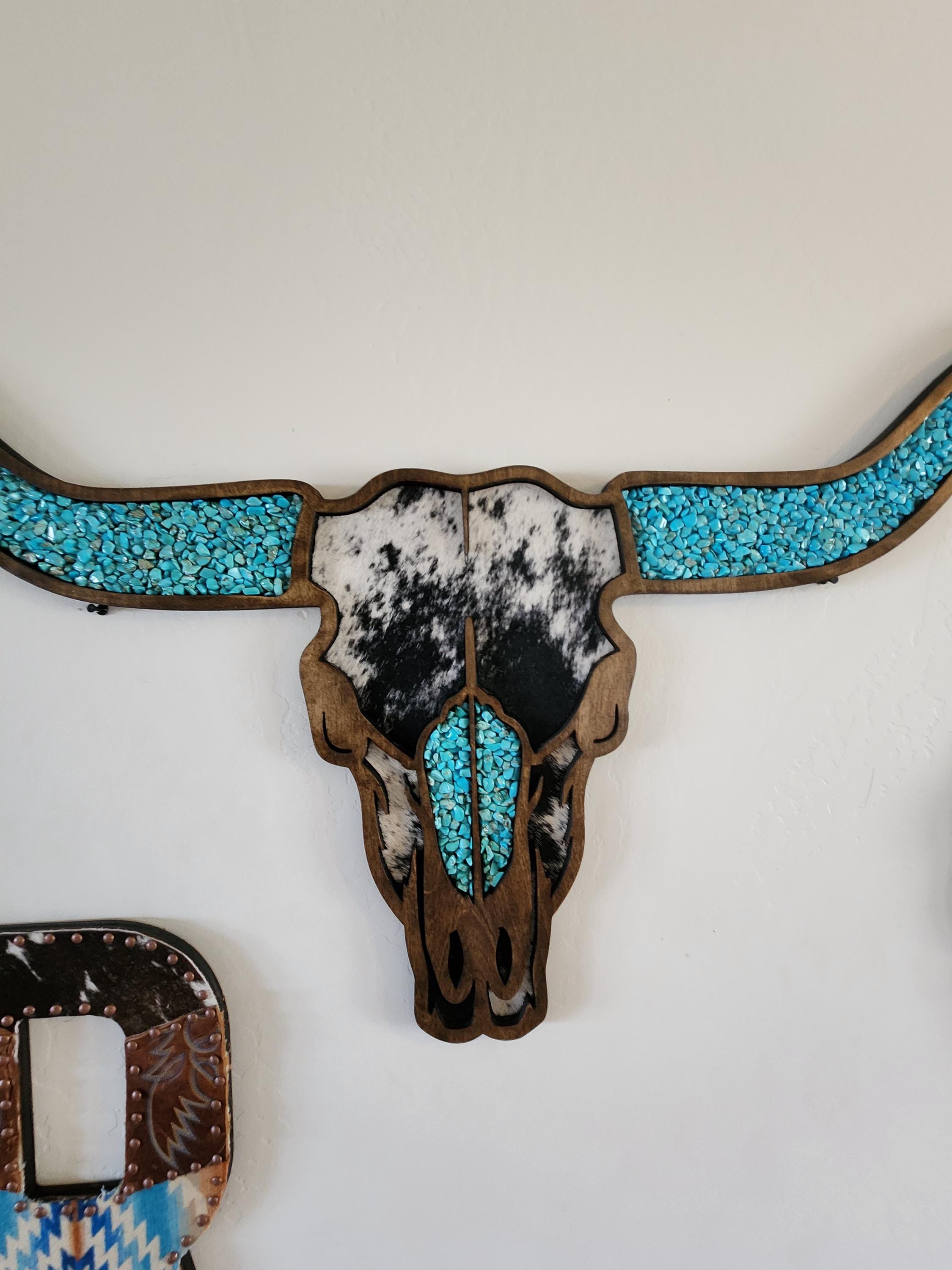 Cowhide Longhorn Sign With Turquoise Inlay, Western Decor, Rustic Ranch ...