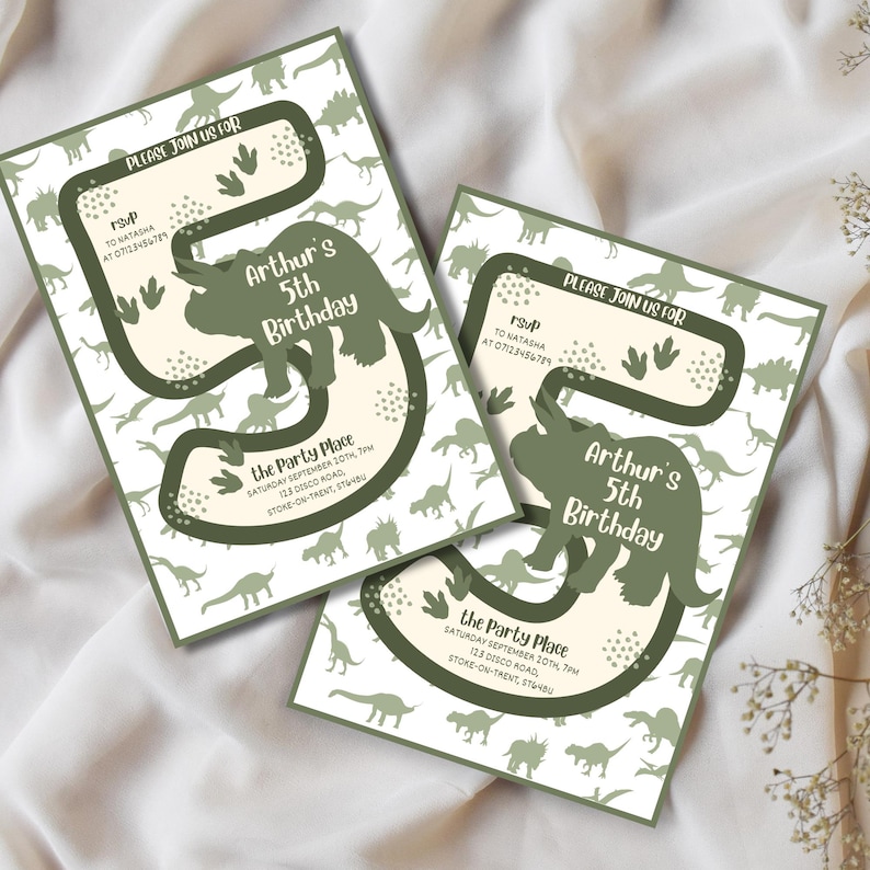 Dinosaur 5th Birthday Invitation Editable Canva Template Green Dinosaur ...