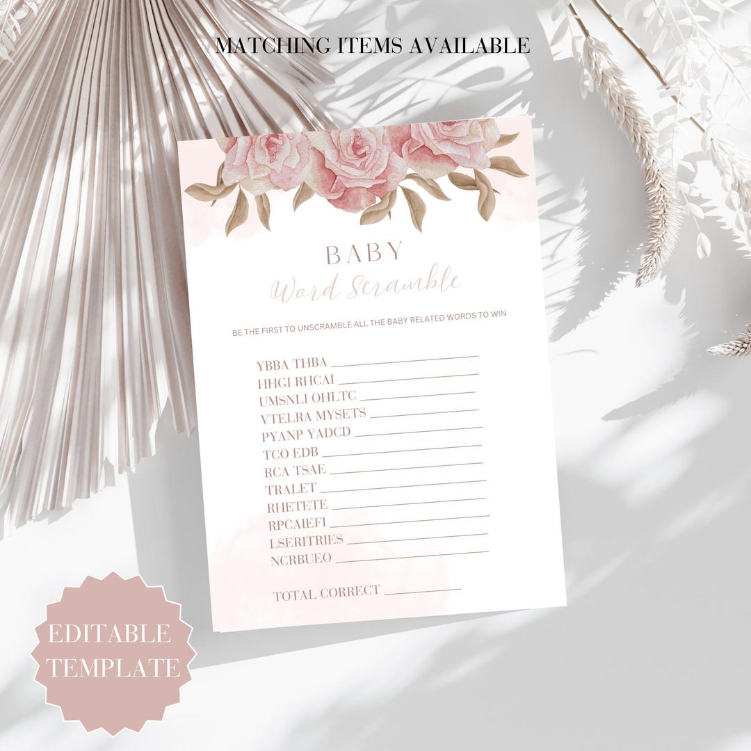 Baby Word Scramble Baby Shower Game Blush Pink Floral Baby Shower Game ...