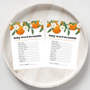 Baby Word Scramble Baby Shower Game Oranges A Little Cutie Baby Shower ...