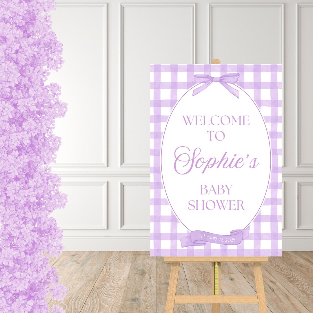 Lilac Gingham Baby Shower Welcome Sign Lilac Gingham Editable Canva ...